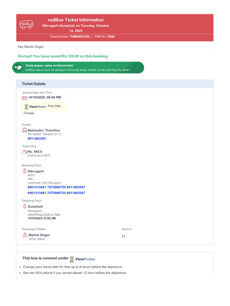 Redbus Ticket Information: Hurray!! You Have Saved Rs 120.00 On This ...