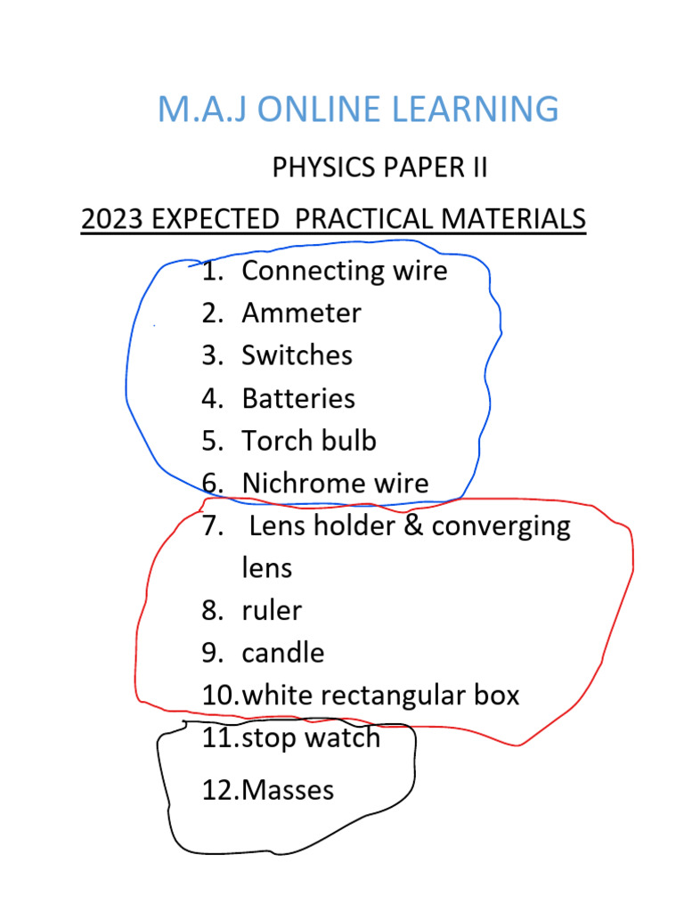 2023 Physics Practical Materials List | PDF