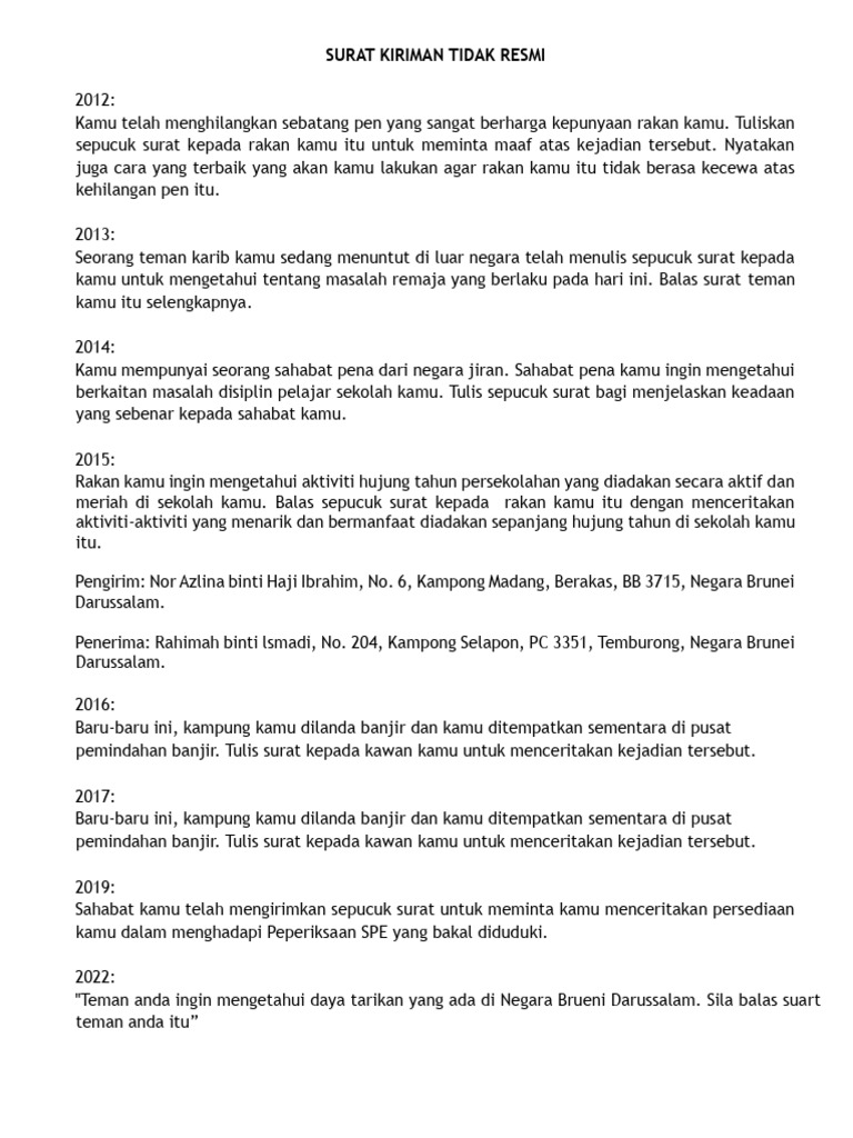 Format Surat Kiriman Tidak Resmi Brunei | PDF