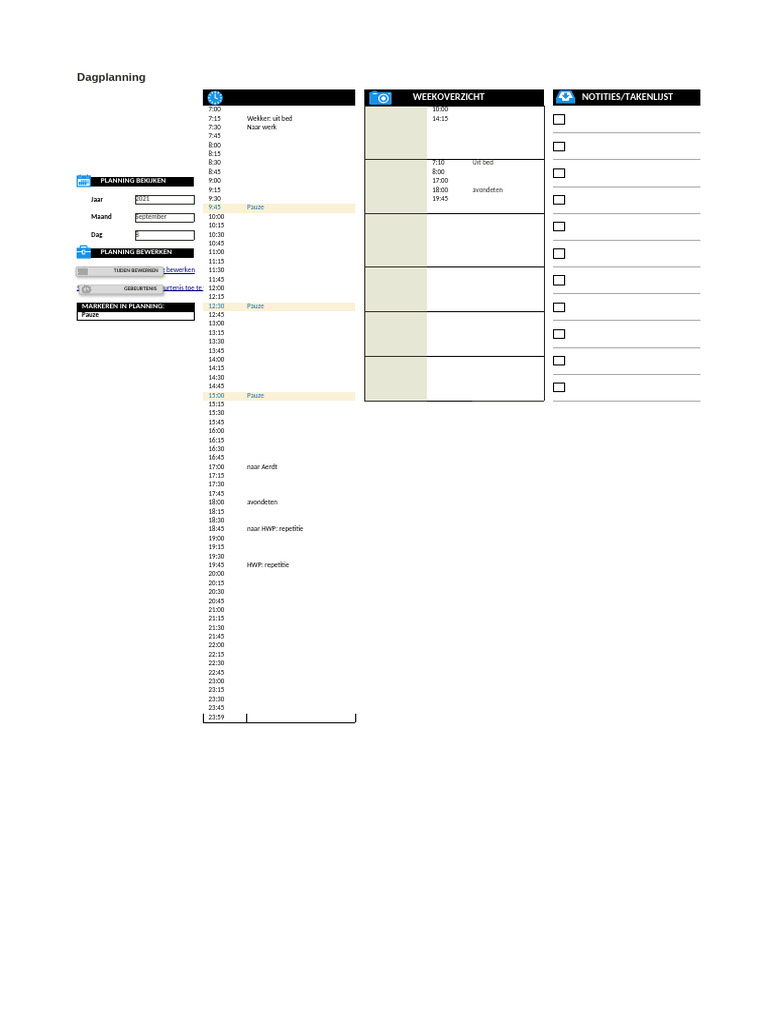 Dagplanning + Weekplanning - Voorbeeld | PDF
