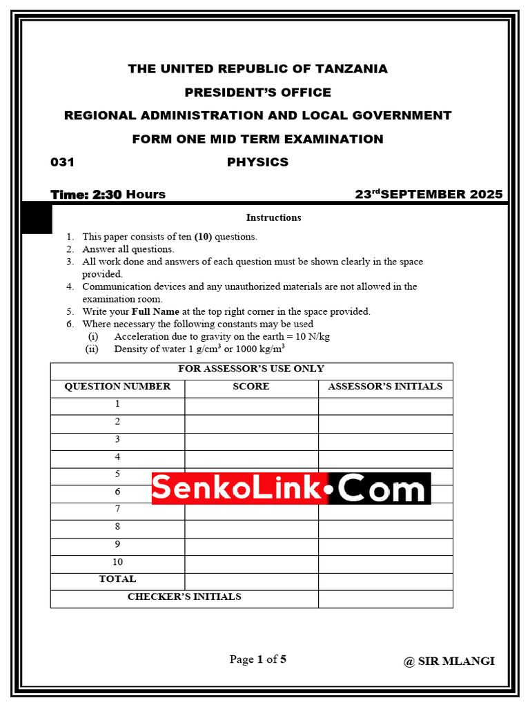 Tanzania Form One Physics Exam 2025 | PDF | Acceleration | Force