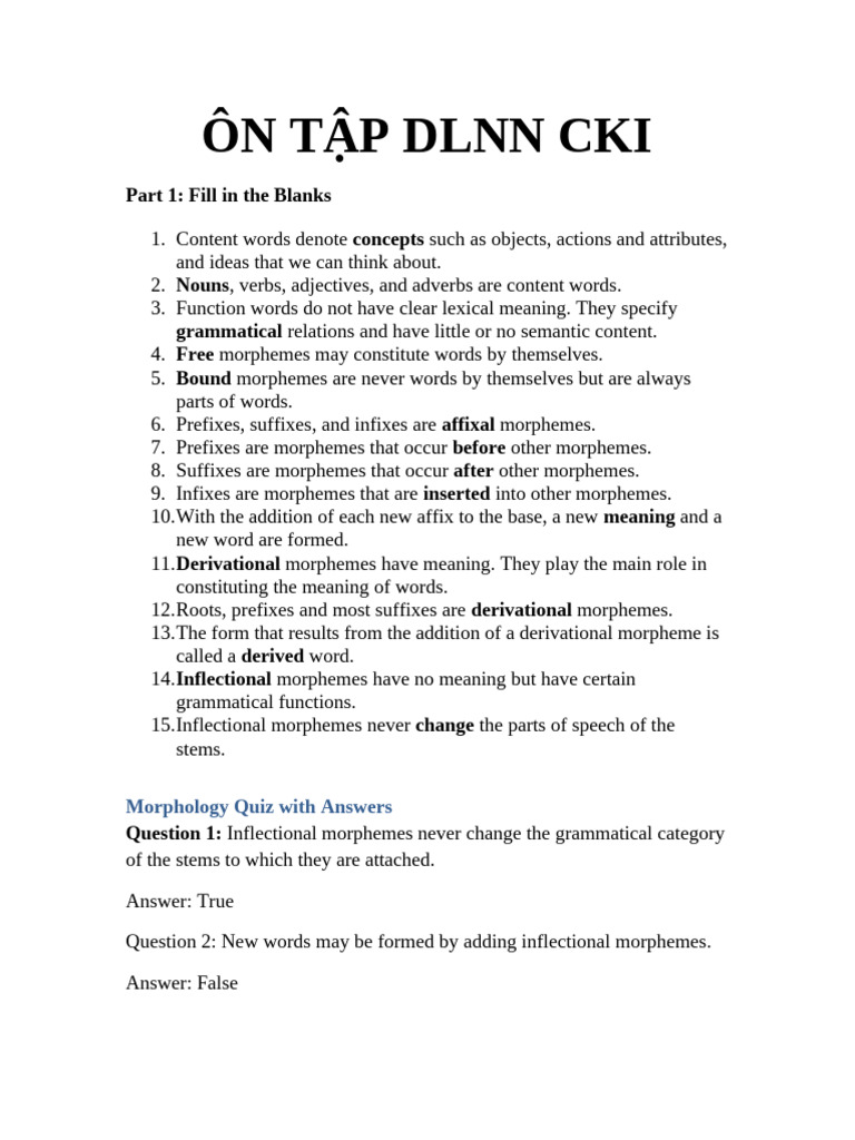 Morphology Quiz with Answers | PDF | Word | Morphology (Linguistics)