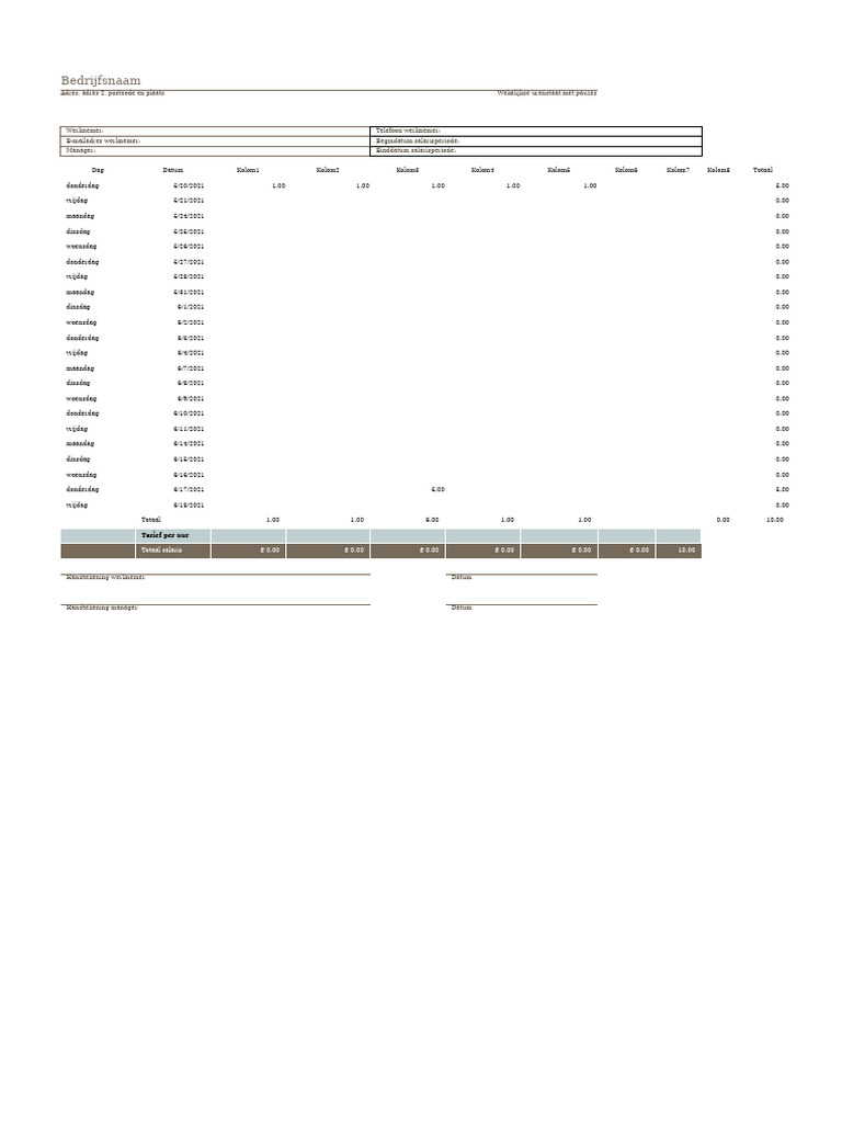 Urenstaat Template - Voorbeeld | PDF