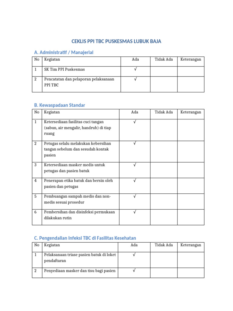Checklist PPI TBC Puskesmas Lubuk Baja | PDF