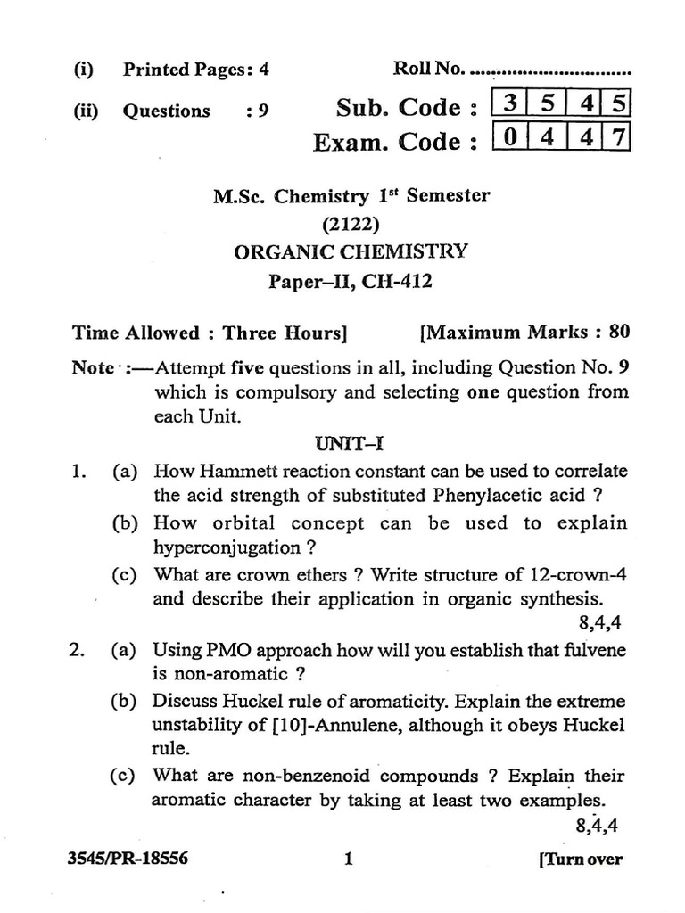 MSC Chemistry 1st Sem Paper II CH-412 Organic Chemistry December 2022 | PDF