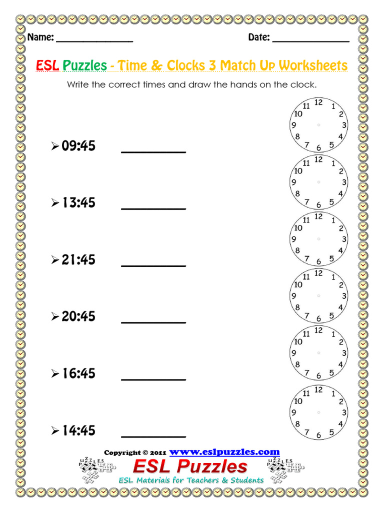 Time and Clocks Match Up Worksheet 3 | PDF