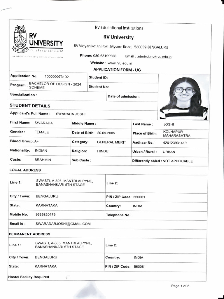 RV University Application Form UG | PDF