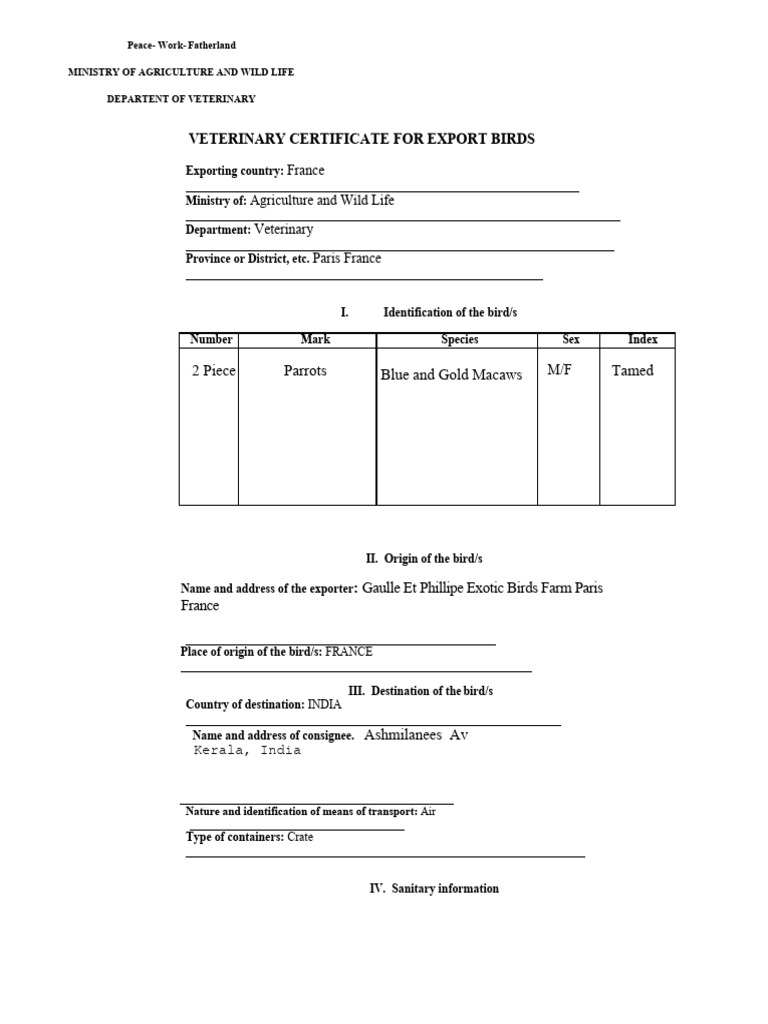 Veterinary Export Certificate for Birds | PDF | Avian Influenza | Influenza