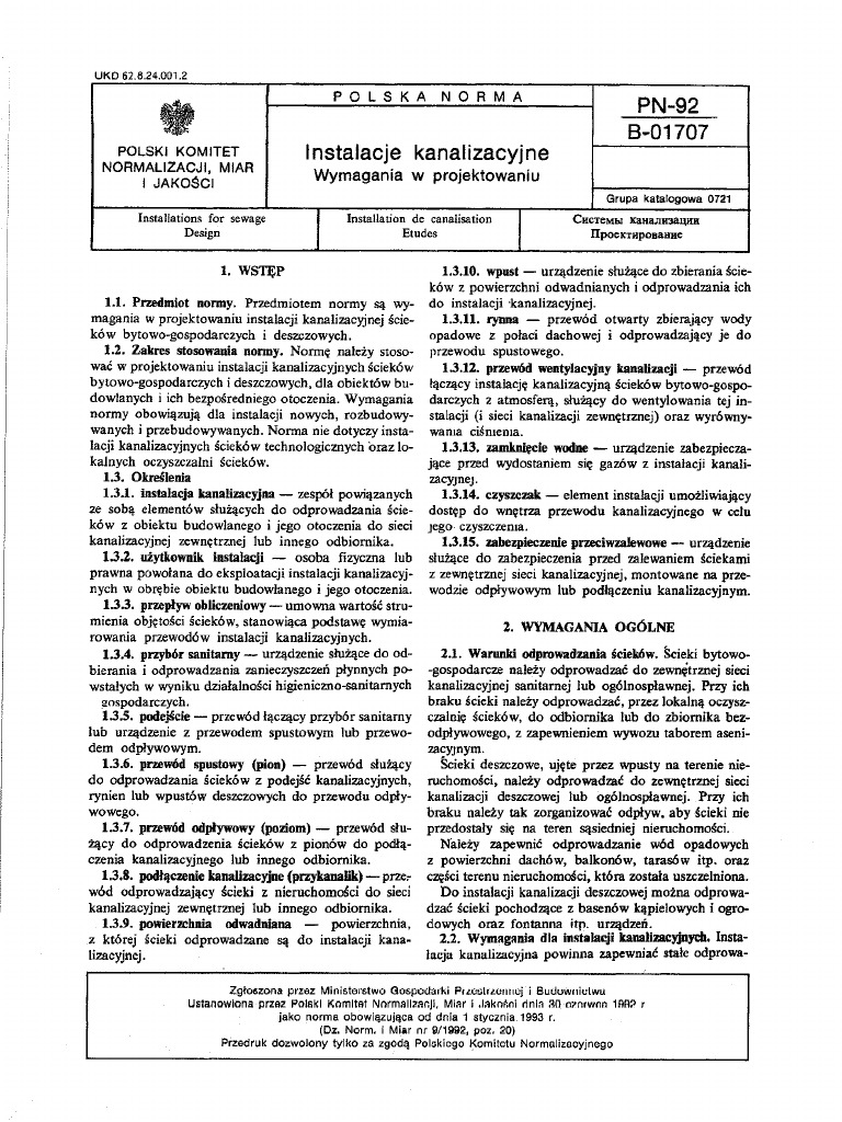 PN 92 B 01707 Kanalizacja Wymagania | PDF