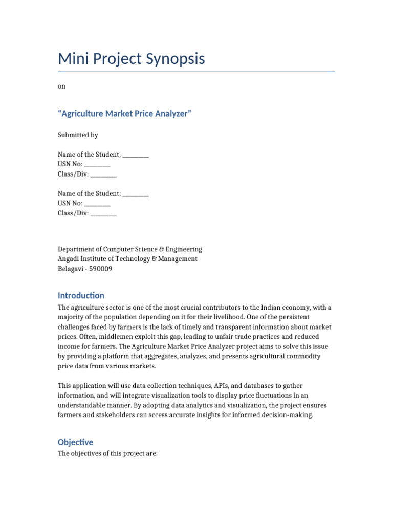 Agriculture Market Price Analyzer Synopsis v2 | PDF | Databases | Data