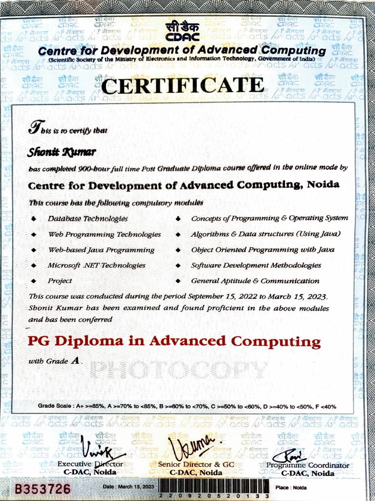 PG Diploma Certificate and Marksheet | PDF | Systems Engineering ...