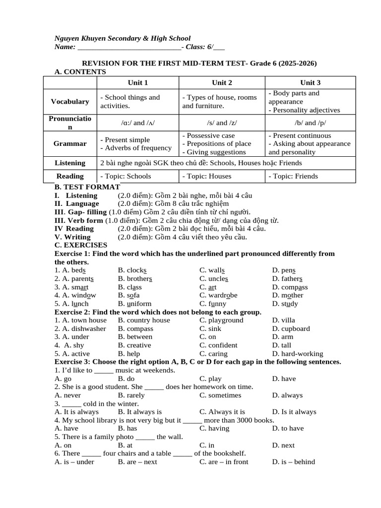 Grade 6 Mid-Term Test Revision Guide | PDF | Language Mechanics ...