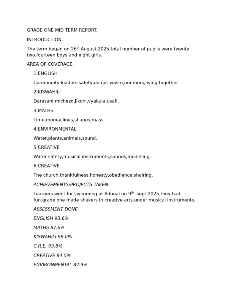Grade One Mid Term Report 2025 | PDF