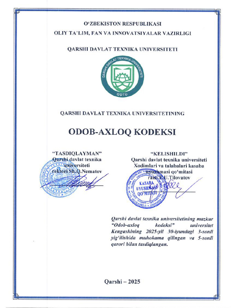 Qardtu Odob Axloq Kodeksi 2025.15.09 | PDF