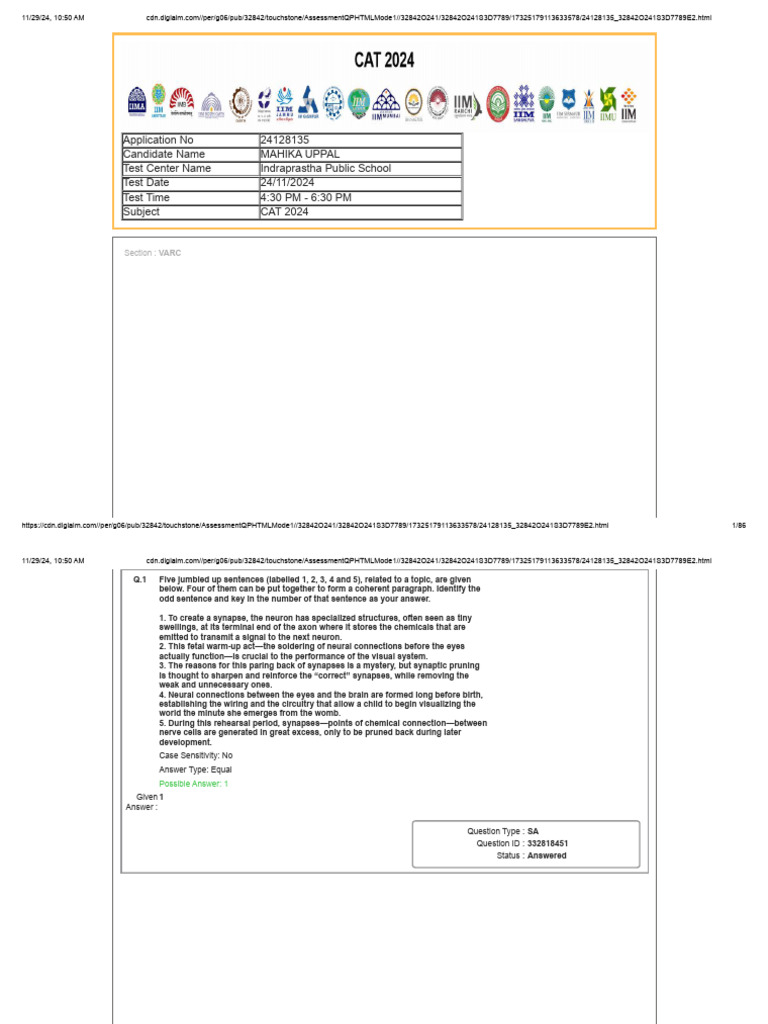 Common Admission Test Answer Key | PDF | Synapse | Neuron