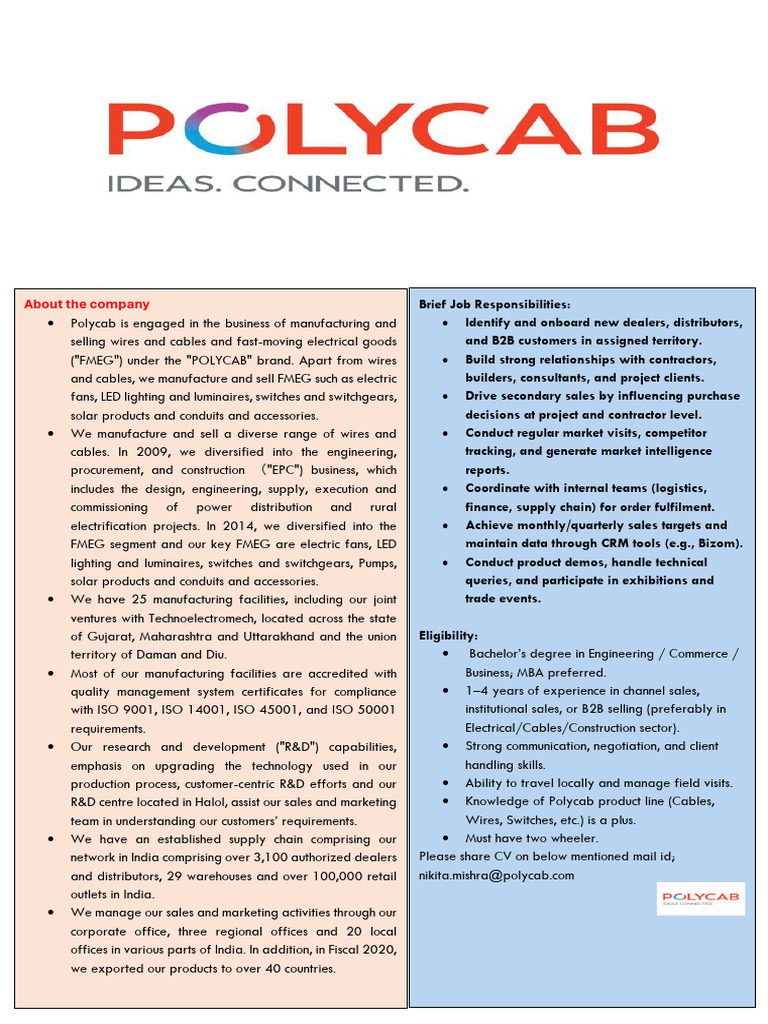 Polycab B2B Sales Job Overview | PDF | Sales