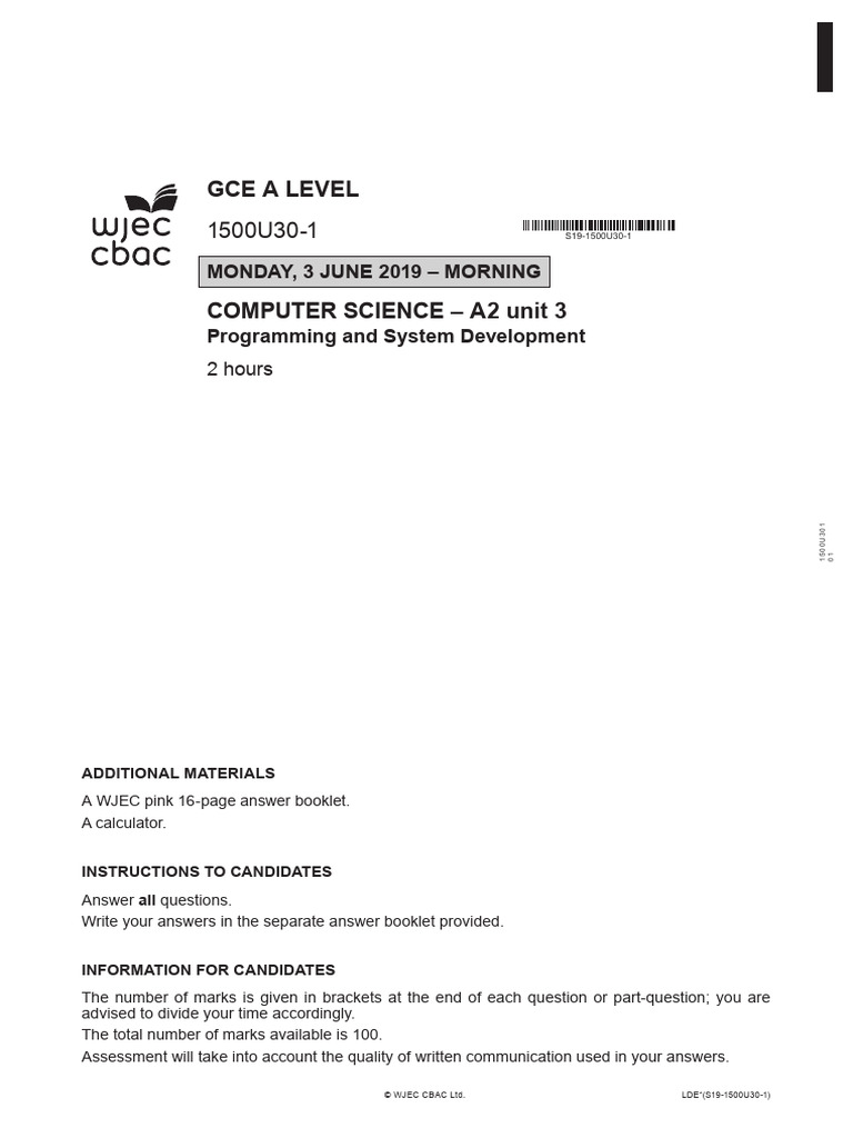 June 2019 QP - Unit 3 WJEC Computer Science A-Level | PDF | Applied Mathematics | Computer Science
