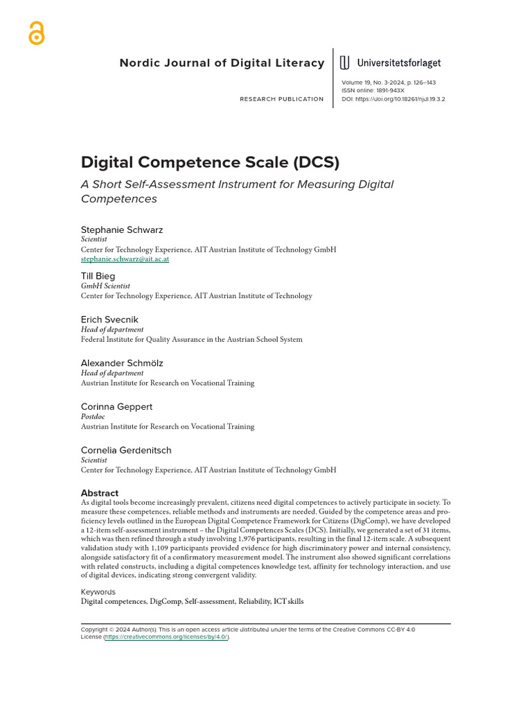Digital Competence Scale (DCS) Overview | PDF | Validity (Statistics ...