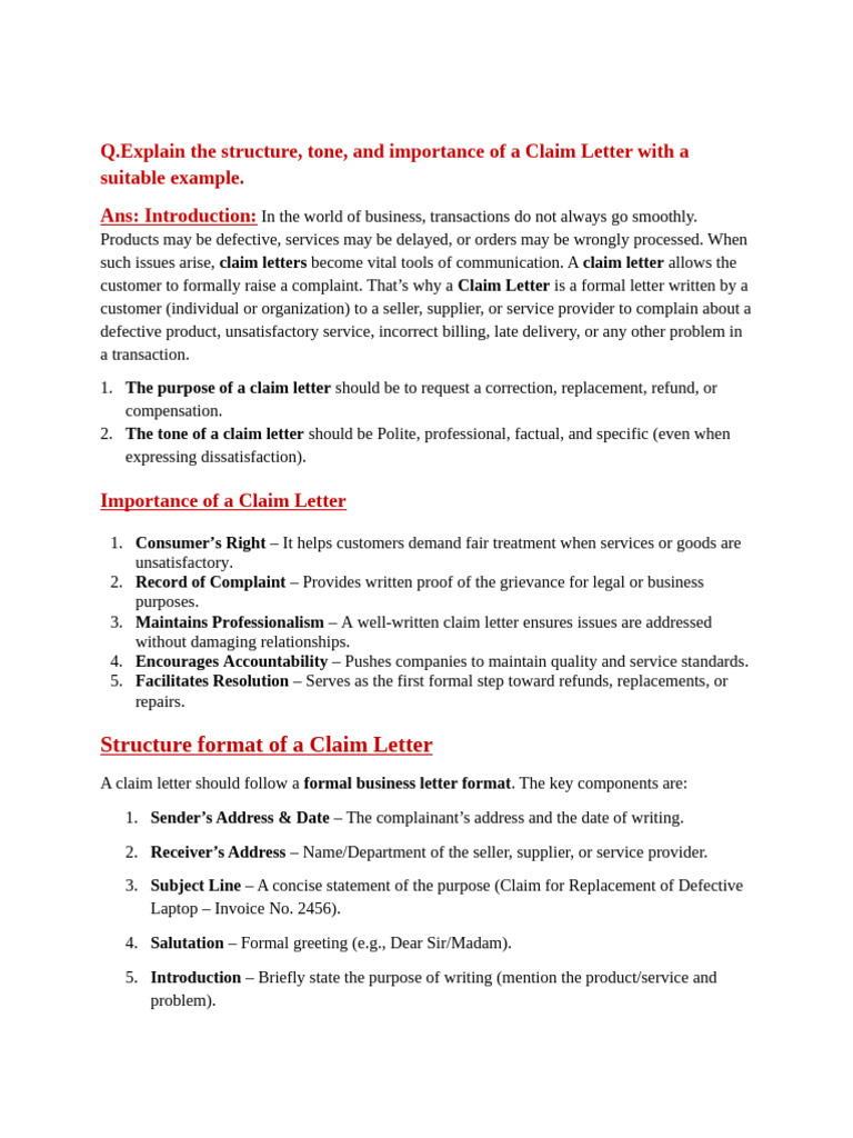 Understanding Claim Letters in Business | PDF