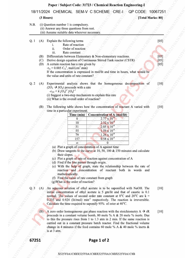 Be Chemical Engineering Semester 5 2024 December Chemical Reaction ...