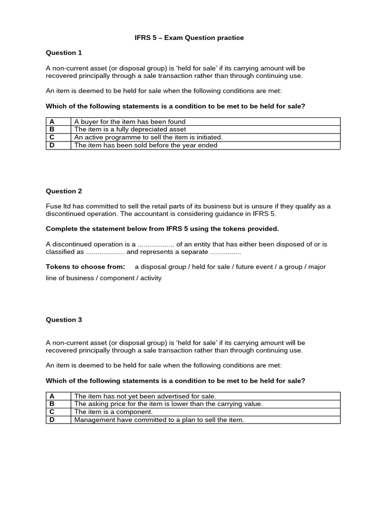 IFRS 5 Exam Question Practice | PDF | Book Value | Fair Value