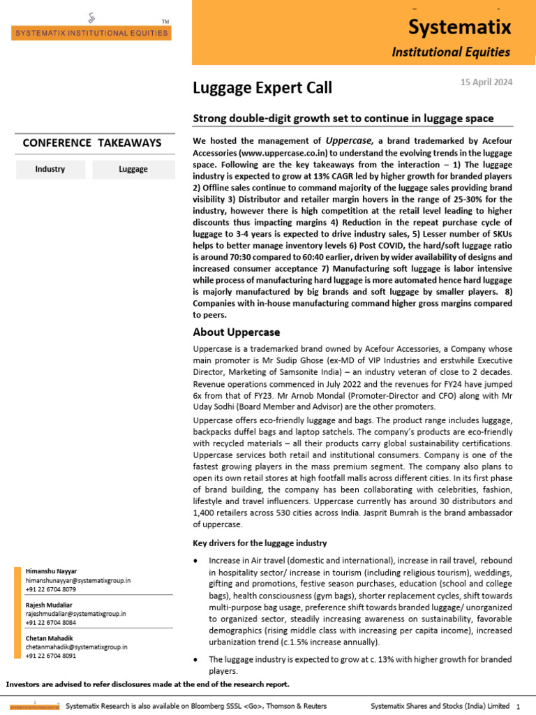 Luggage Industry - Expert Call Takeaways - 15-04-2024 - Systematix ...