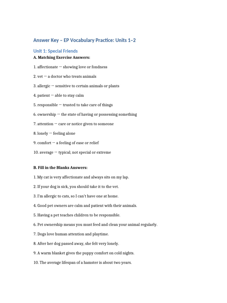 EP Vocabulary Practice Answer Key | PDF | Insects | Pet