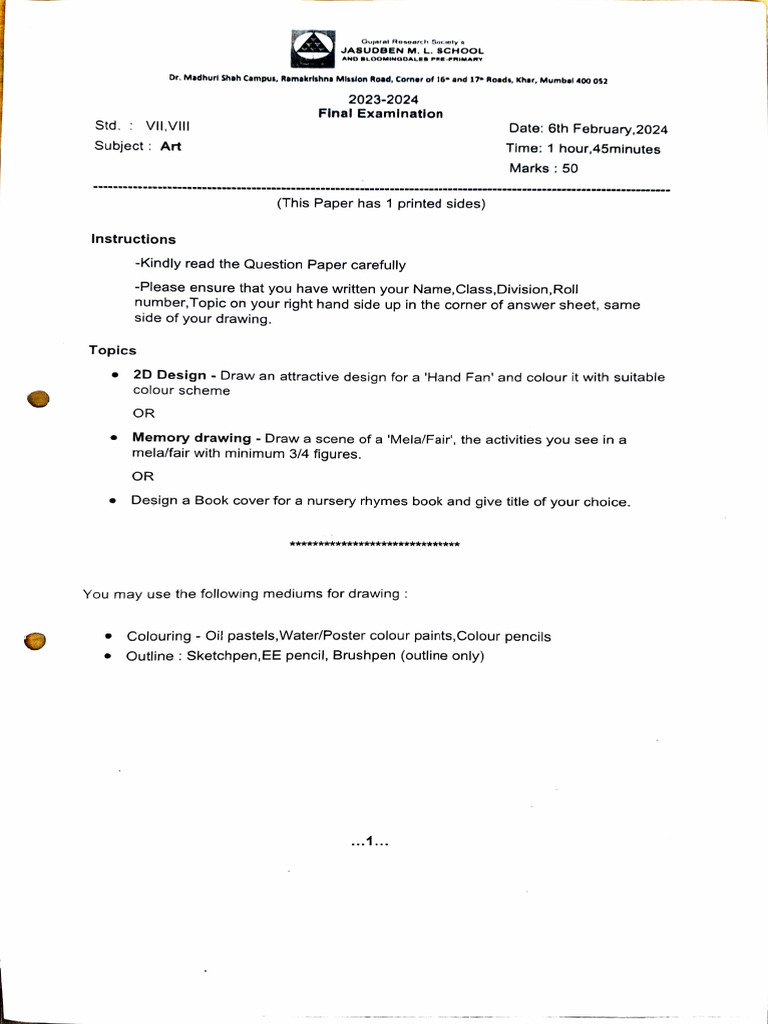7th Art - Final Assessment 2023-24 | PDF