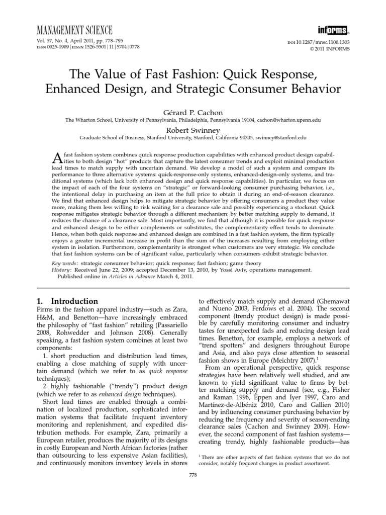 The Value of Fast Fashion: Quick Response, Enhanced Design, and ...