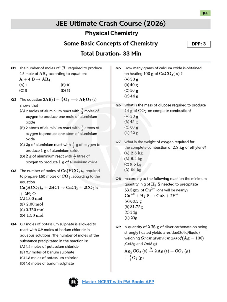 Some Basic Concepts of Chemistry DPP 03 (Of Lec 04) | PDF | Mole (Unit ...