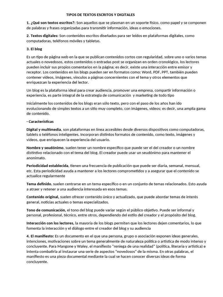 Tipos de Textos Escritos y Digitales | PDF | Blog | Comunicación humana