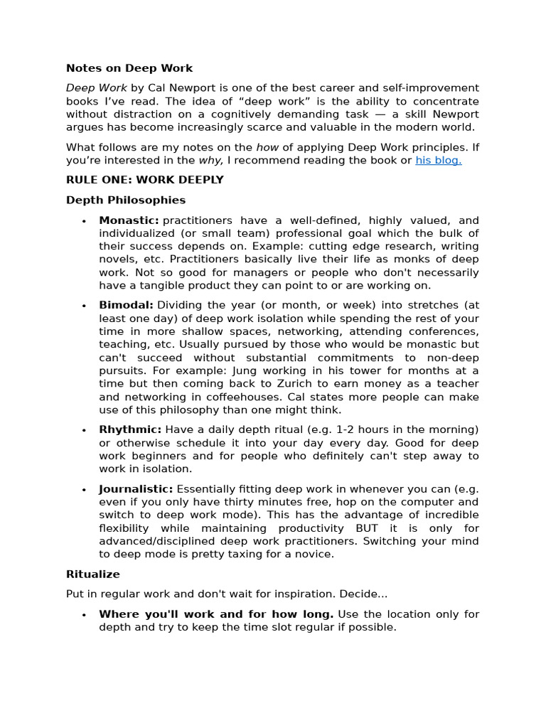 Notes On Deep Work | PDF | Psychological Concepts | Cognition