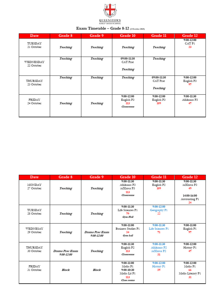 Exam Timetable Term4 2025 Dated 2 Oct | PDF | Natural Sciences | Inquiry