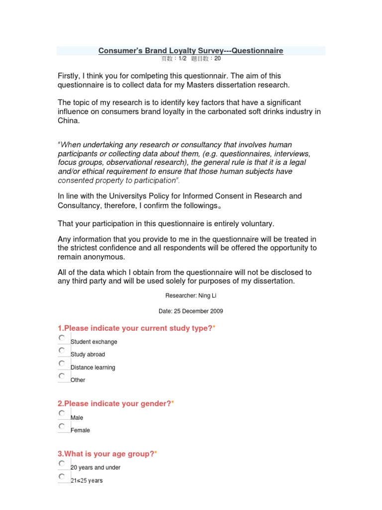 Consumer's Brand Loyalty Survey - Questionnaire: 1.please Indicate Your ...
