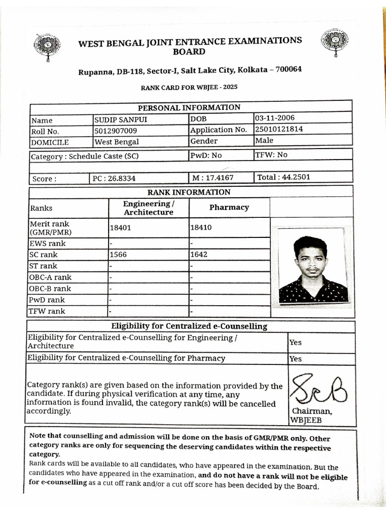 Rank Card Wbjee | PDF