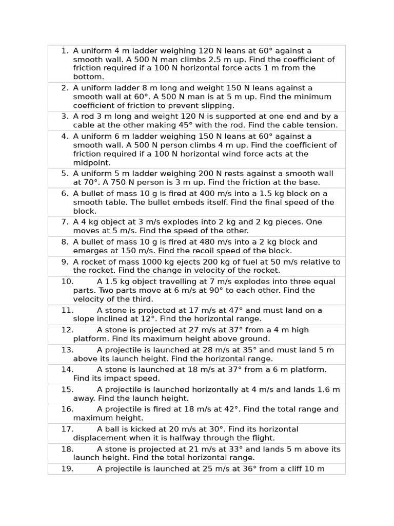 Physics Worksheet 1 | PDF | Projectiles | Gases