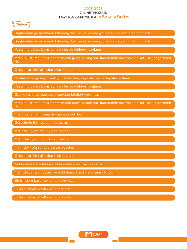 7.sinif Mozaik TG 1 Konu Kazanim Tablosu | PDF