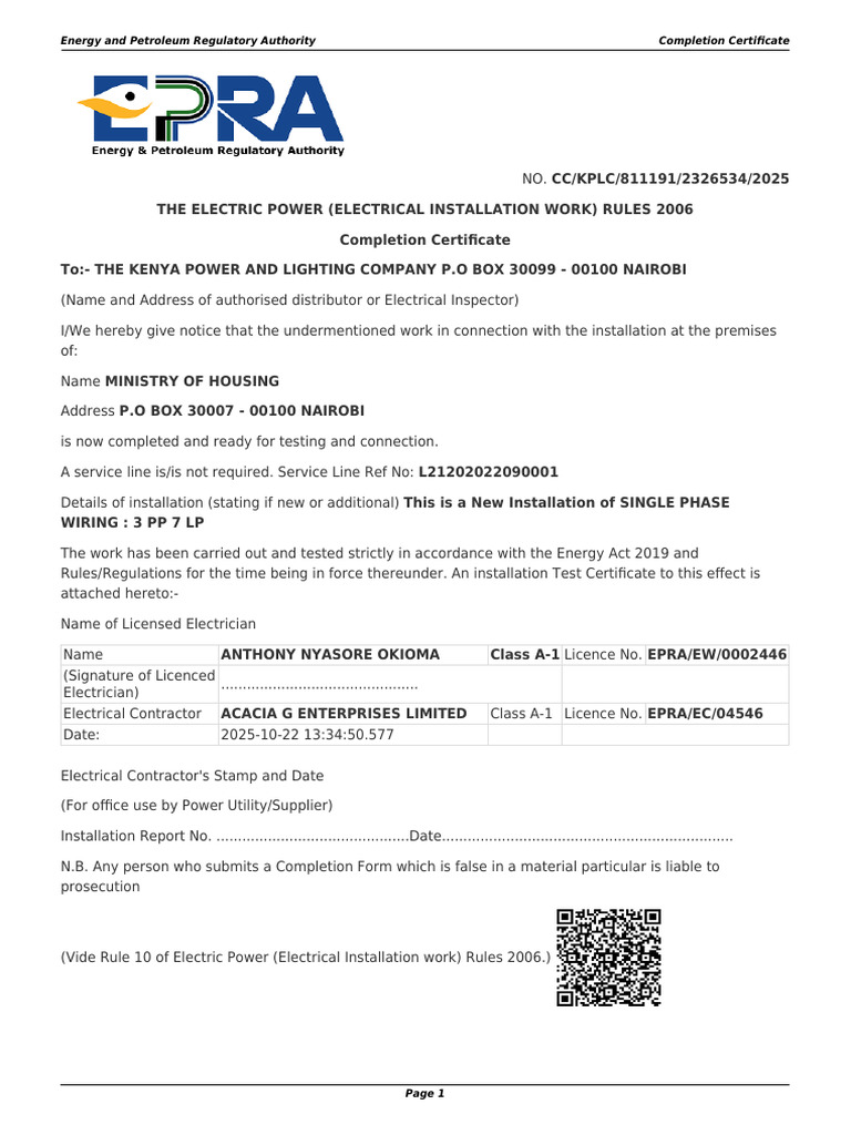 Electrical Installation Completion Certificate | PDF | Electrician ...