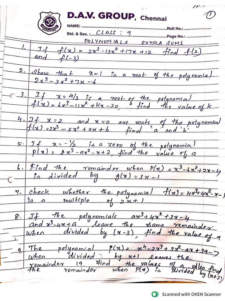 Class 9 Polynomials Practice Sums | PDF
