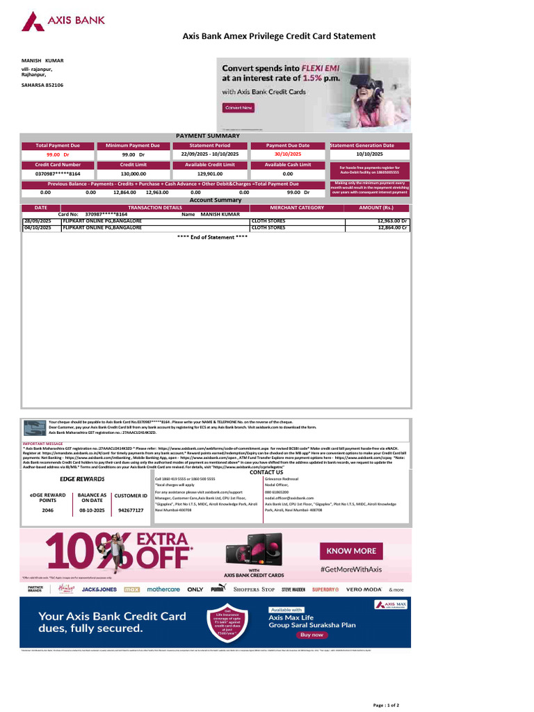 Axis Bank Credit Card Statement Summary | PDF | Credit Card | Fee