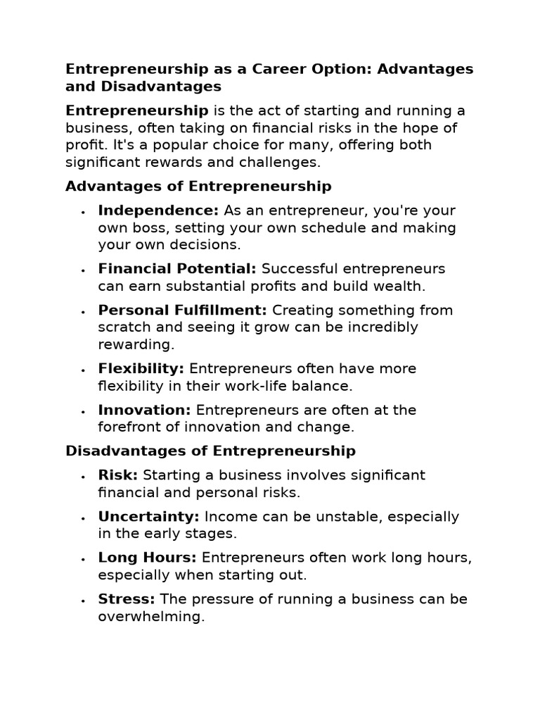 Pros and Cons of Entrepreneurship | PDF