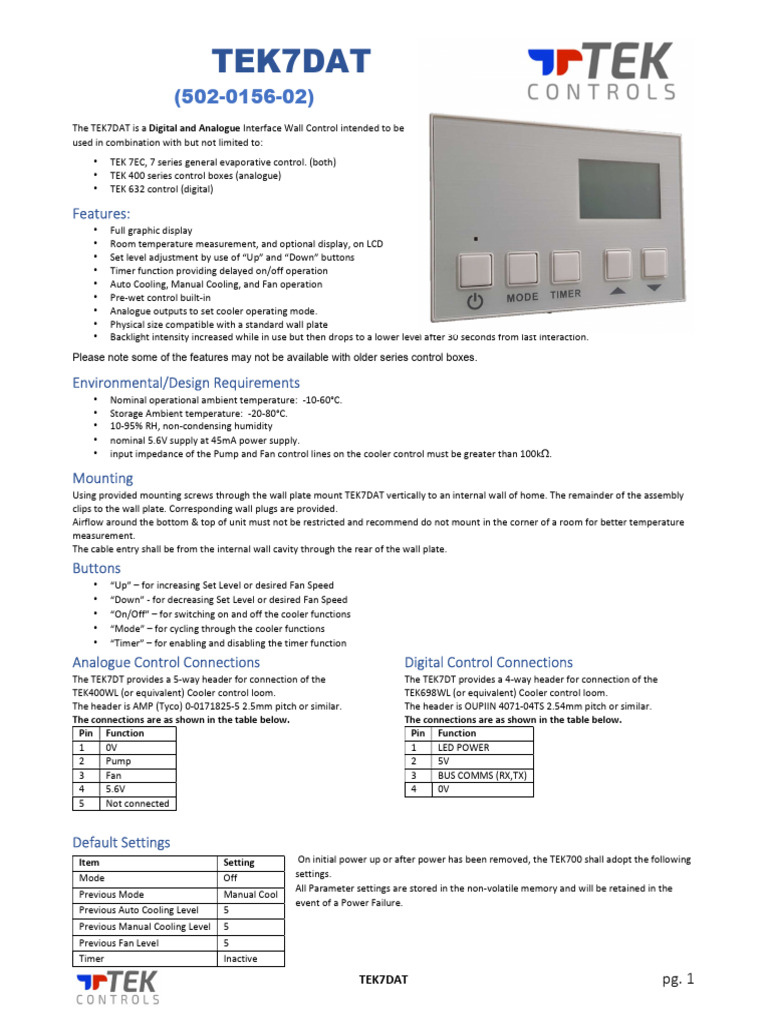 TEK7DAT Wall Control Overview | PDF | Thermostat | Pump