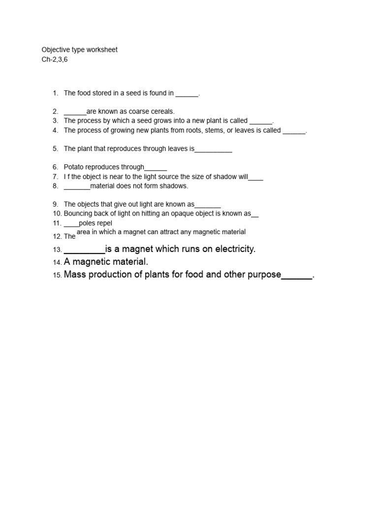 Objective Type Worksheet Class V | PDF