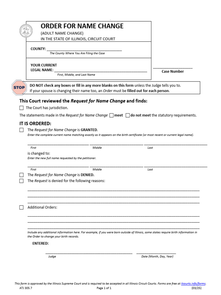 Illinois Adult Name Change Order Form | PDF | Law Of The United States ...