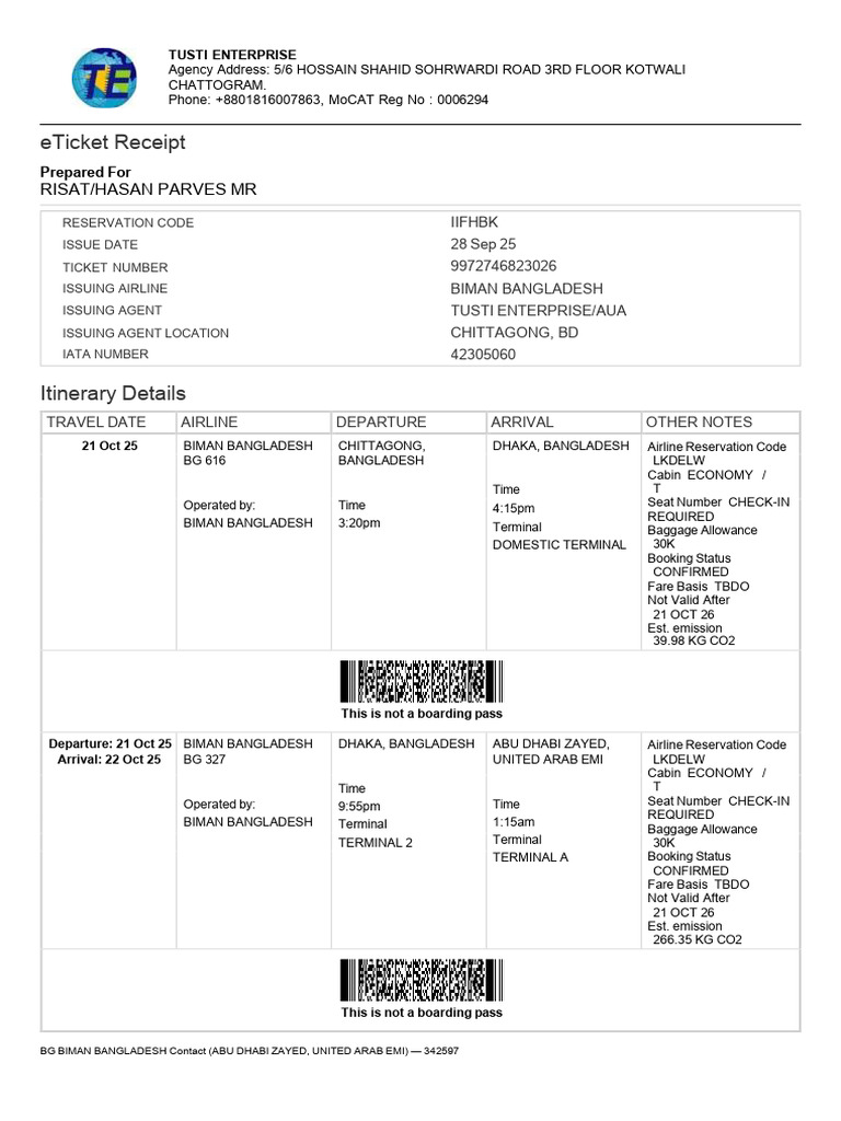 Electronic Ticket Receipt, October 21 For MR HASAN PARVES RISAT Final | PDF