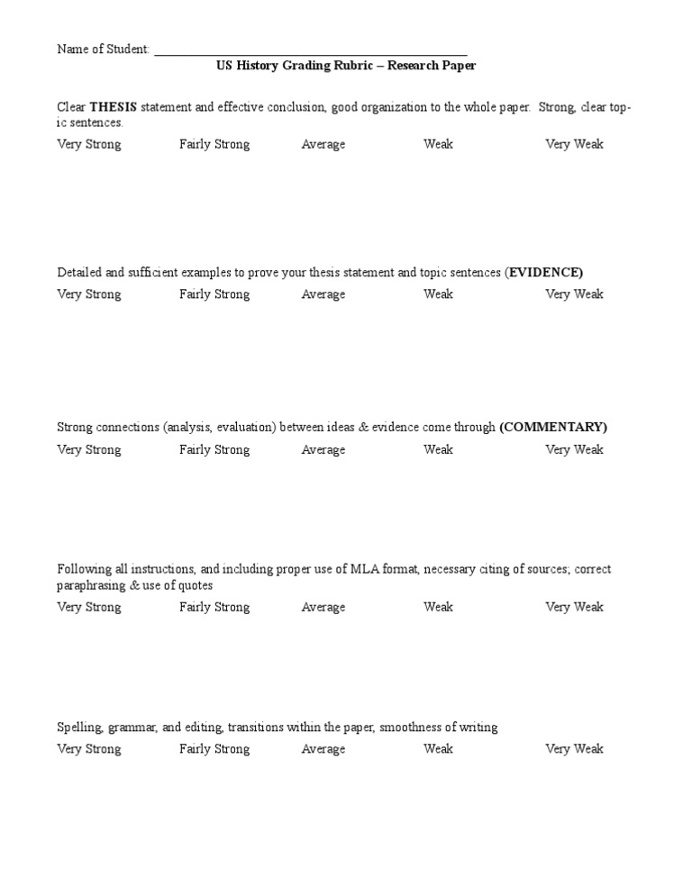 US History Research Paper Grading Rubric | PDF