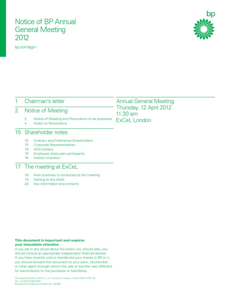 BP Notice of Meeting 2012 | PDF | Share Repurchase | Board Of Directors