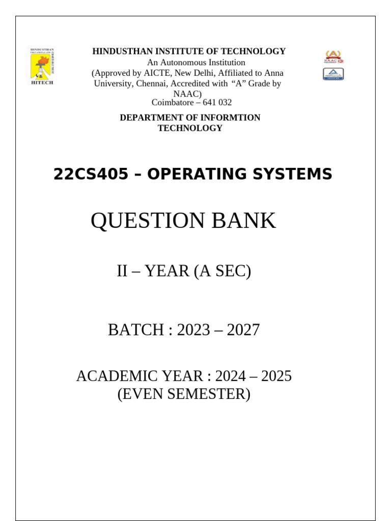 Operating Systems Question Bank 2024-2025 | PDF | Process (Computing ...