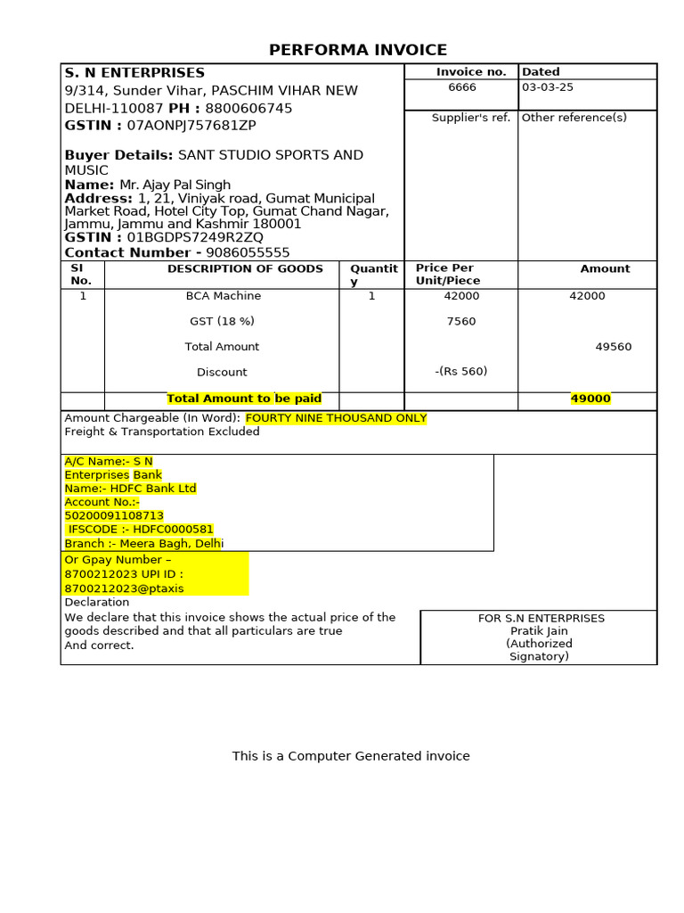Performa Invoice Transport | PDF