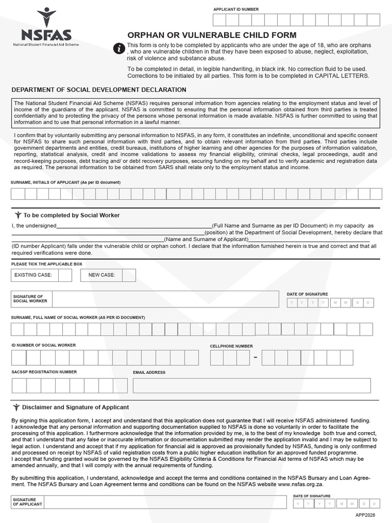 NSFAS Vulnerable Child Declaration 2026 | PDF